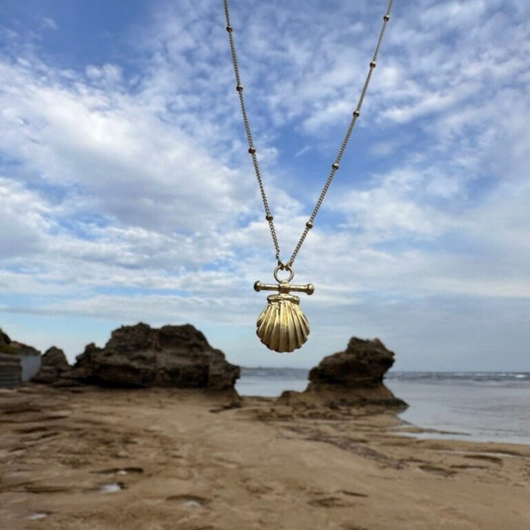Mira Gold Shell Necklace Ocean Jewelry Handmade Shell Pendant T Bar ...