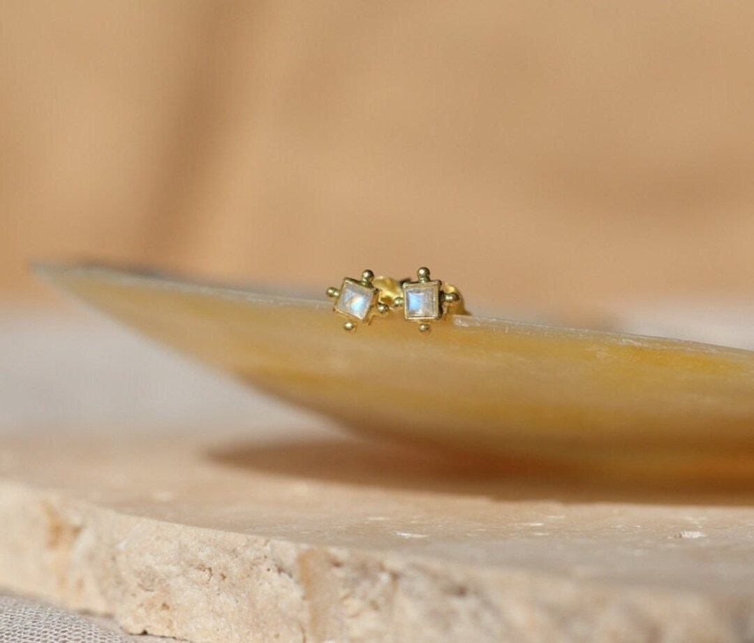 Baby Gia 14K Gold Vermeil Rainbow Moonstone Studs, Small Moonstone Studs Tiny Gold Square Stud ...