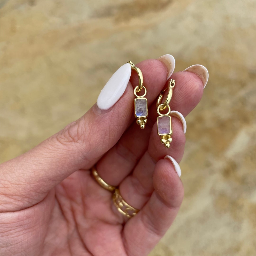 Lia 14K Gold Rainbow Moonstone Mini Hoop Earrings, Gold Plated Small ...