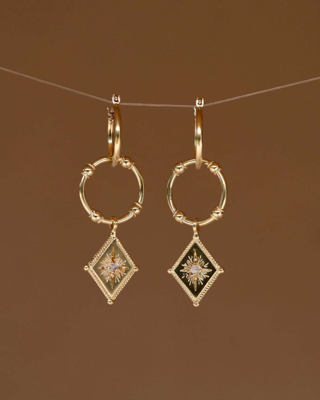 Gold Star Long Hoop Dangle Earrings Kite Charm Diamond Shaped Earrings ...