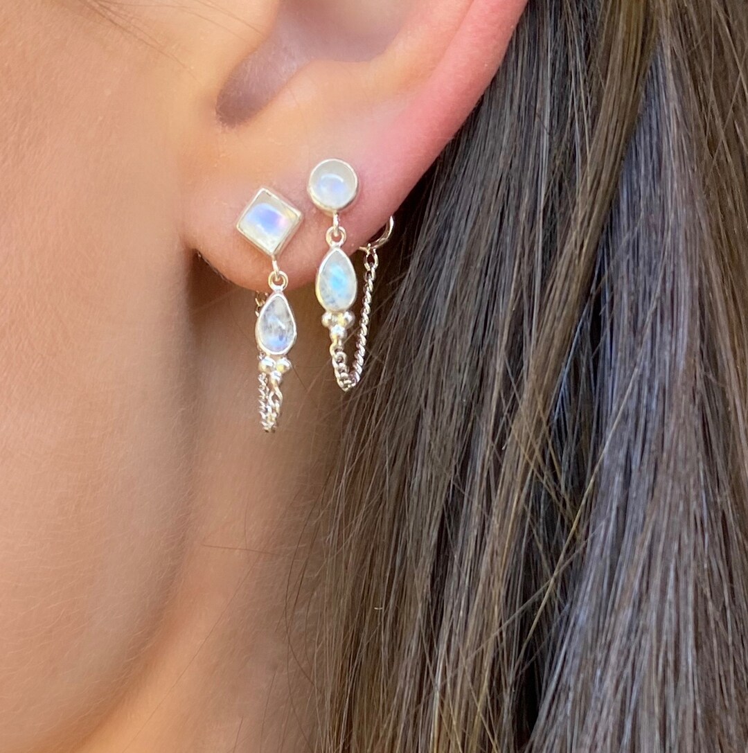 Kalani Sterling Silver and Rainbow Moonstone Delicate Chain Wrap Studs ...