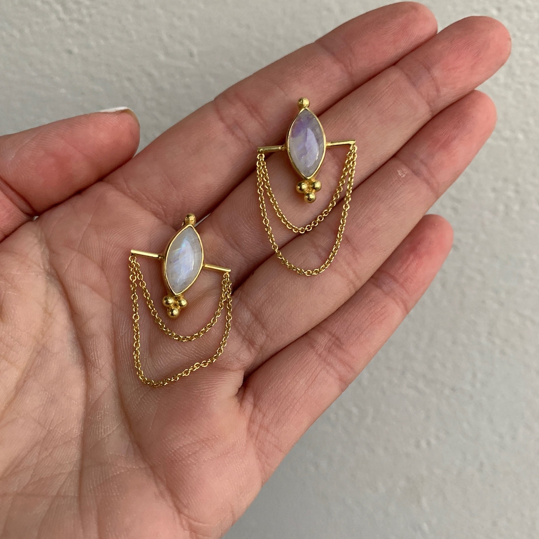 Kali Cat Eye 14K Gold Double Chain Rainbow Moonstone Studs, Gold ...