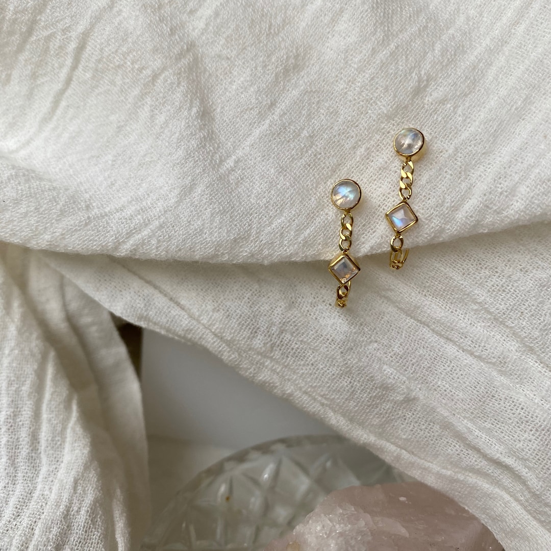 Ada 14K Gold Plated Front to Back Rainbow Moonstone Studs, Gold Wrap Around Studs, Gold ...