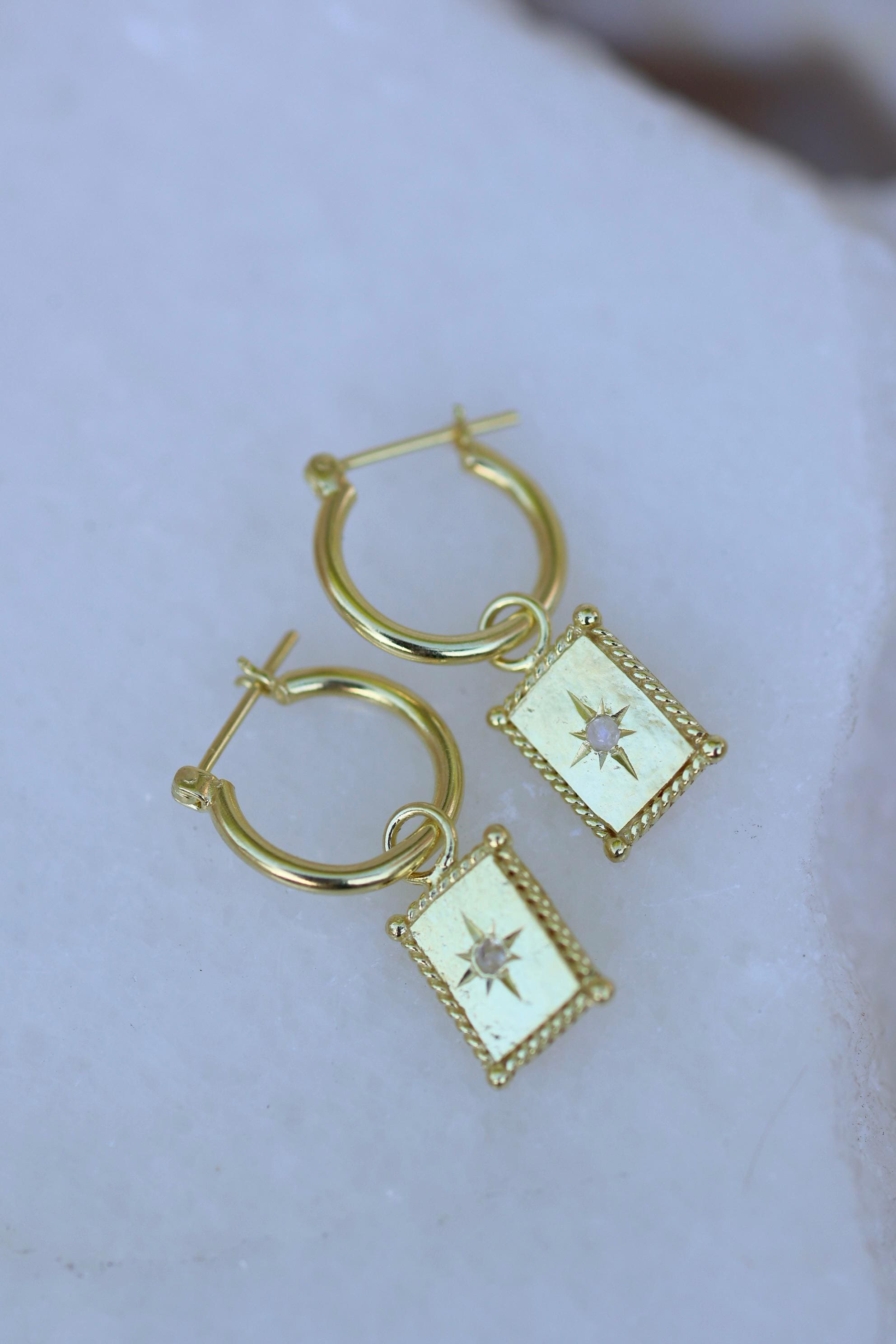 Gold Rectangle Hoops 14K Gold Vermeil Jewelry Moonstone Star Rectangle ...