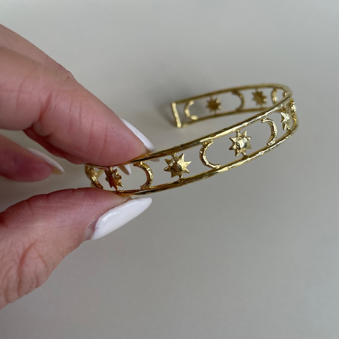 Cosmic Lover 14K Gold Bangle, Womens Gold Bangle With Moon and Suns ...