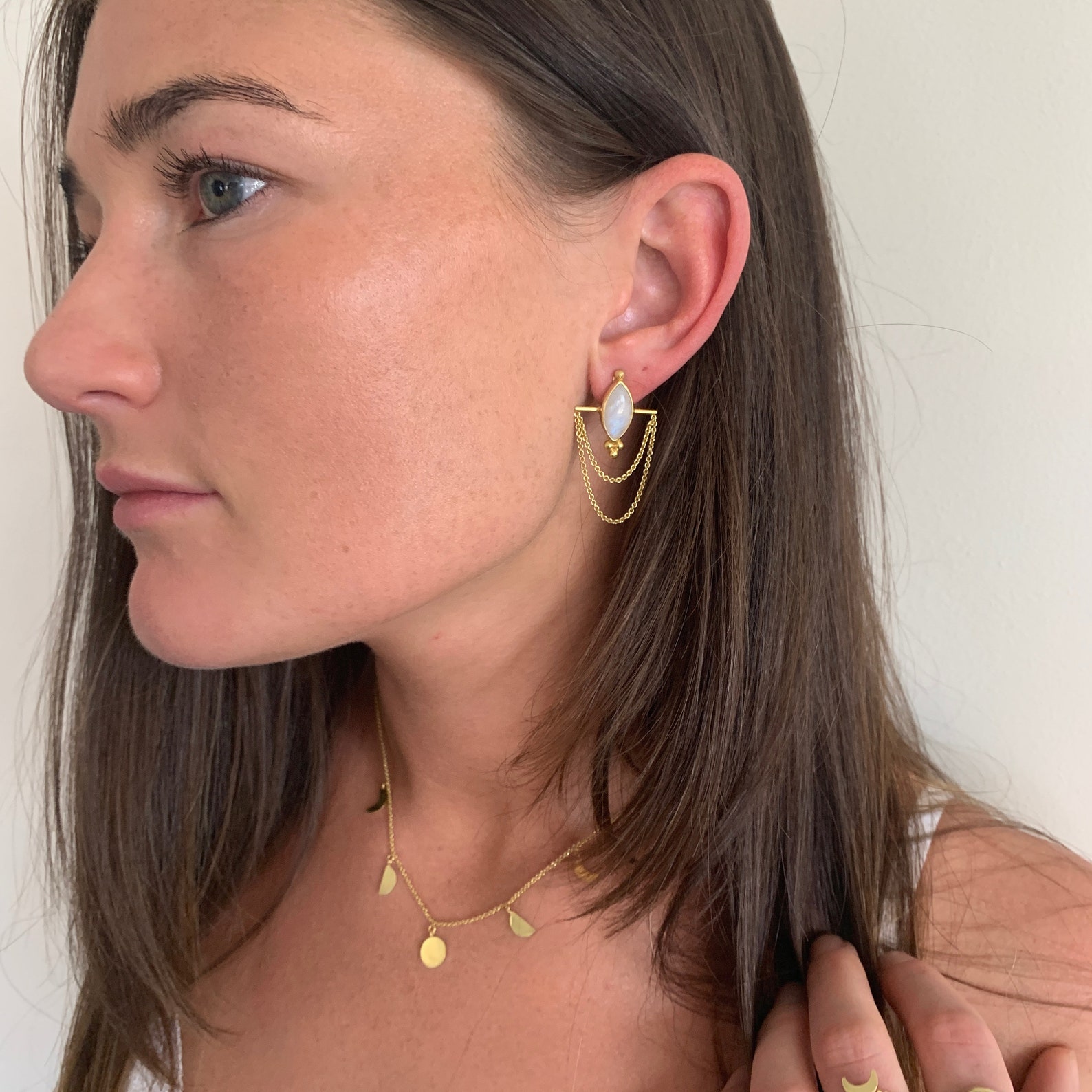 Kali Cat Eye 14K Gold Double Chain Rainbow Moonstone Studs, Gold ...