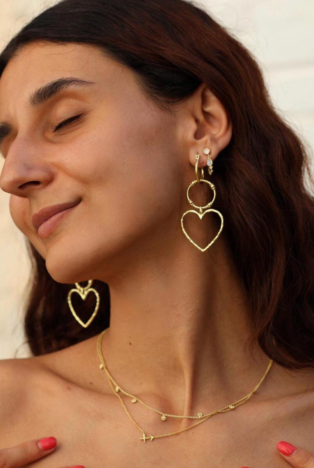 Large Gold Heart Earrings Dangle Heart Statement Hoops Drop Earrings ...