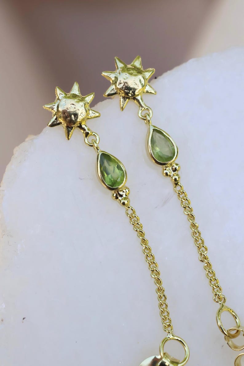 Sun Studs Gold Front to Back Chain Studs Green Peridot Delicate Boho ...