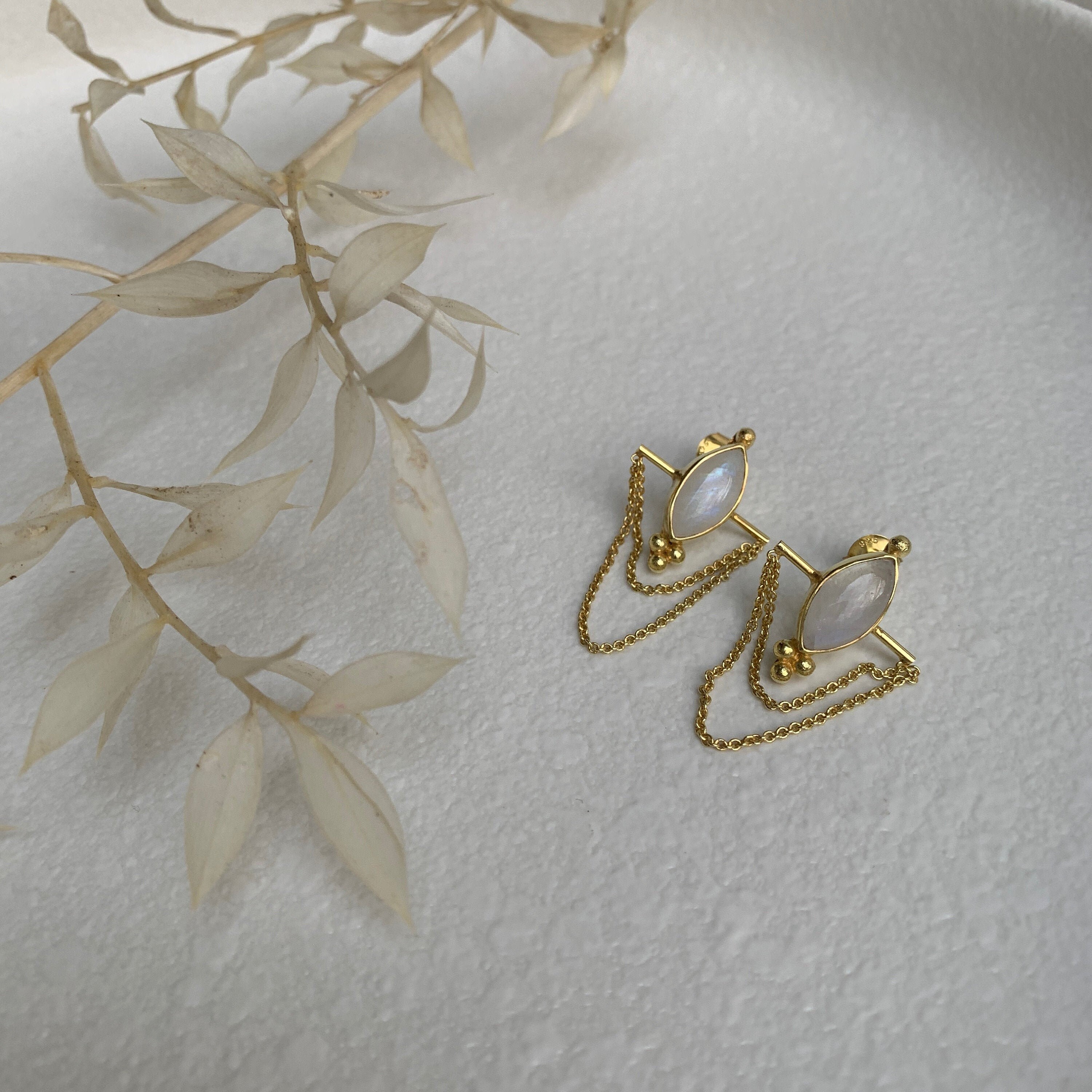 Kali Cat Eye 14K Gold Double Chain Rainbow Moonstone Studs, Gold ...