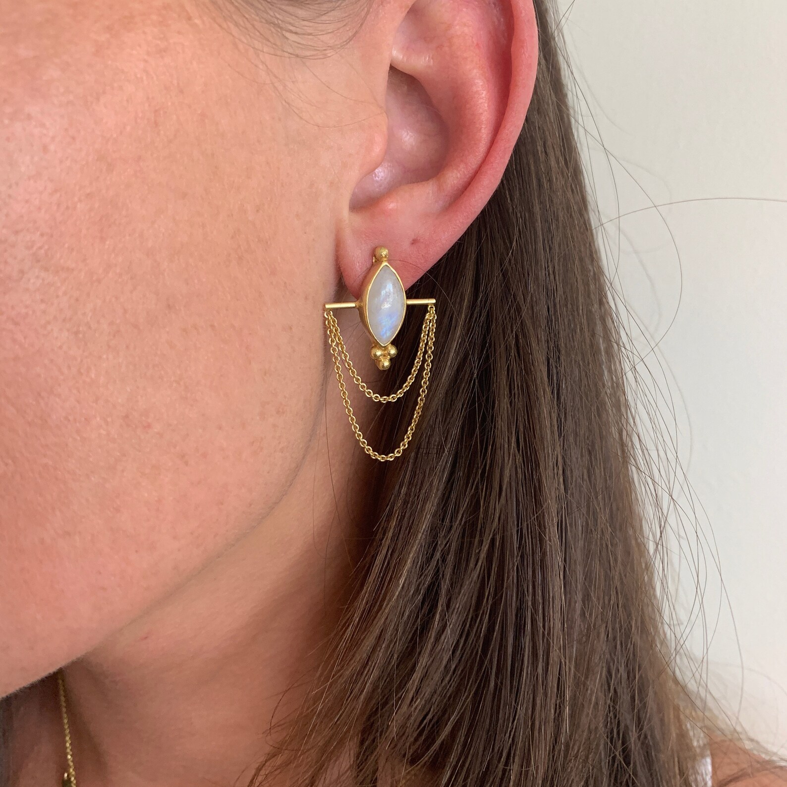 Kali Cat Eye 14K Gold Double Chain Rainbow Moonstone Studs | Etsy