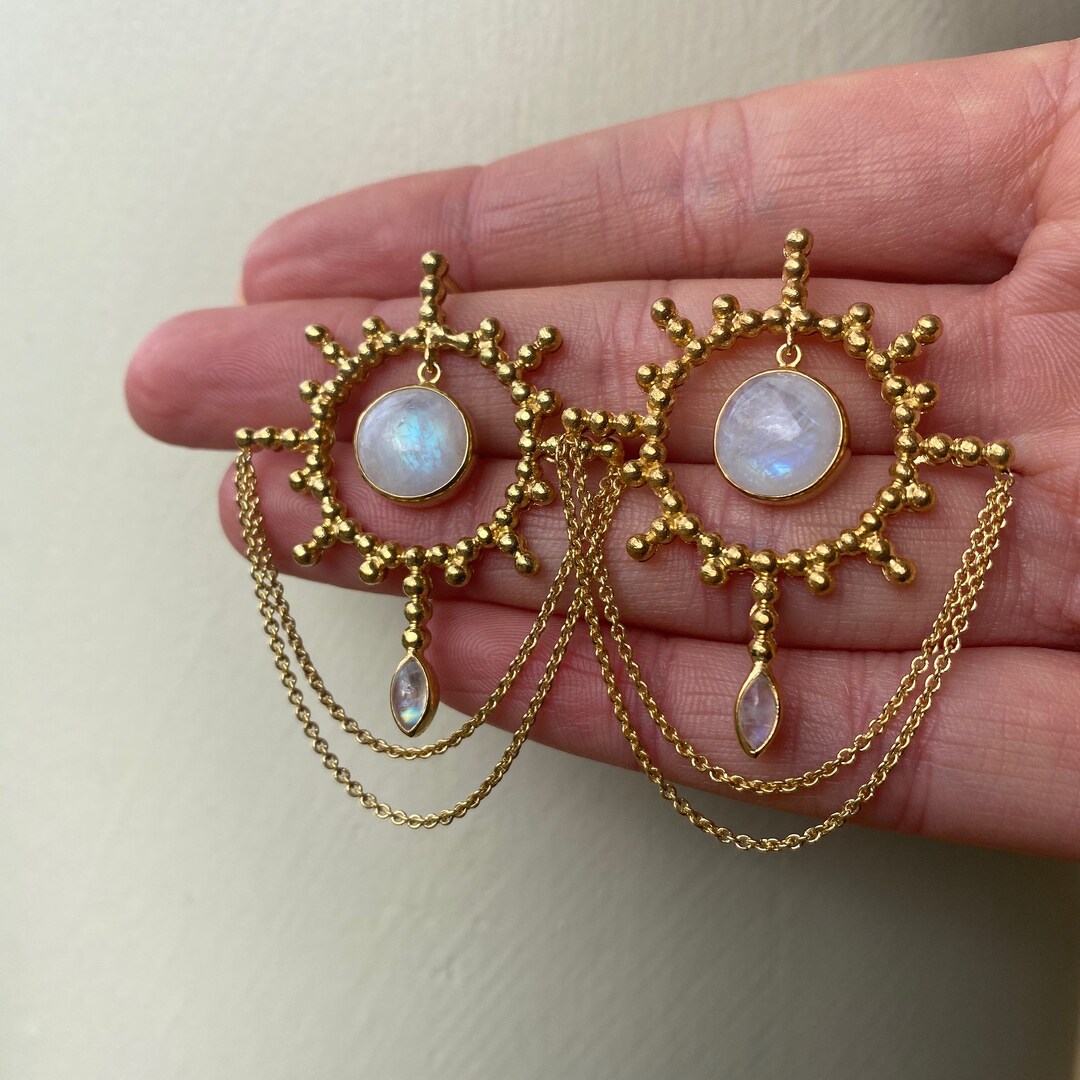 Aurora Sun 14K Gold Rainbow Moonstone Statement Earrings, Gold ...