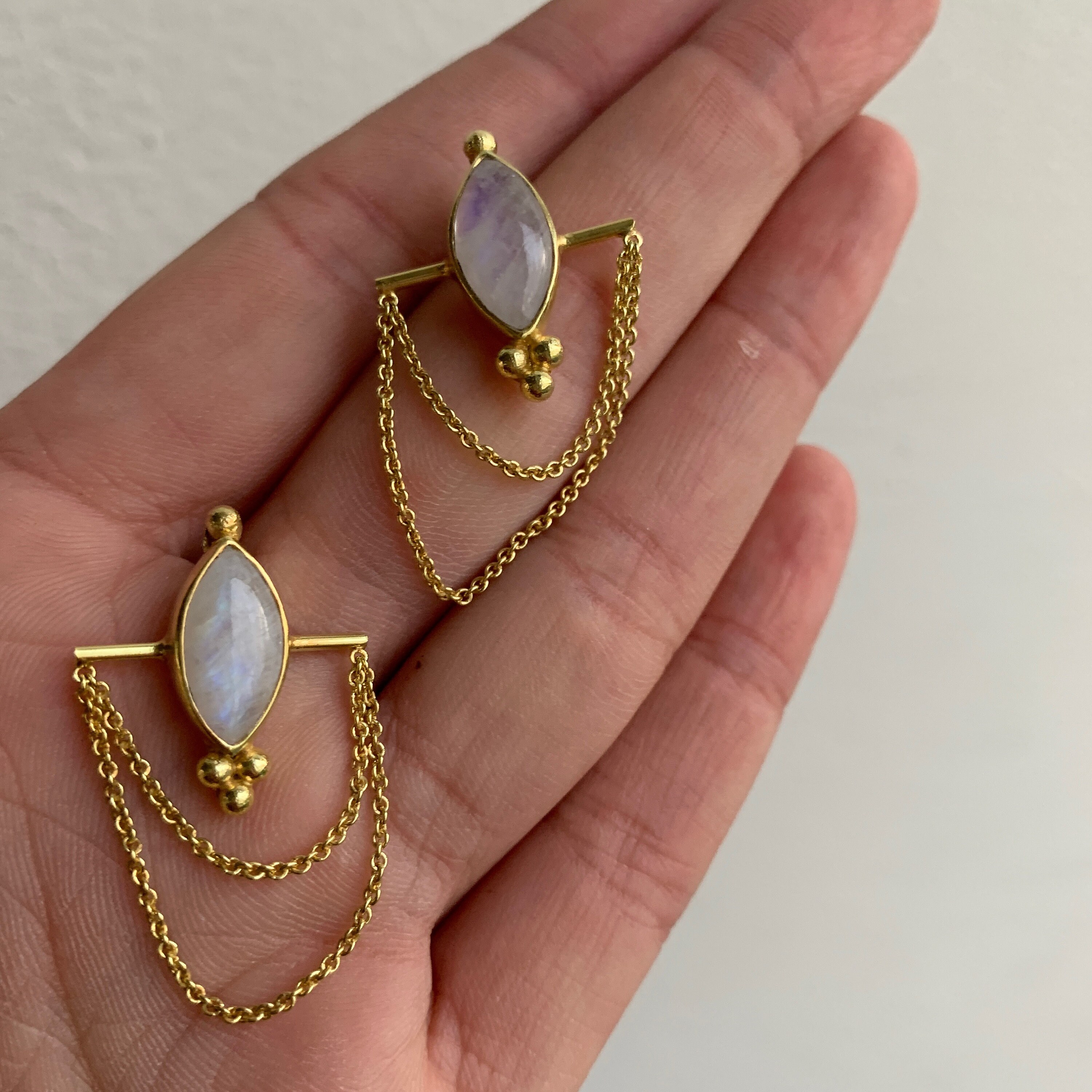 Kali Cat Eye 14K Gold Double Chain Rainbow Moonstone Studs | Etsy