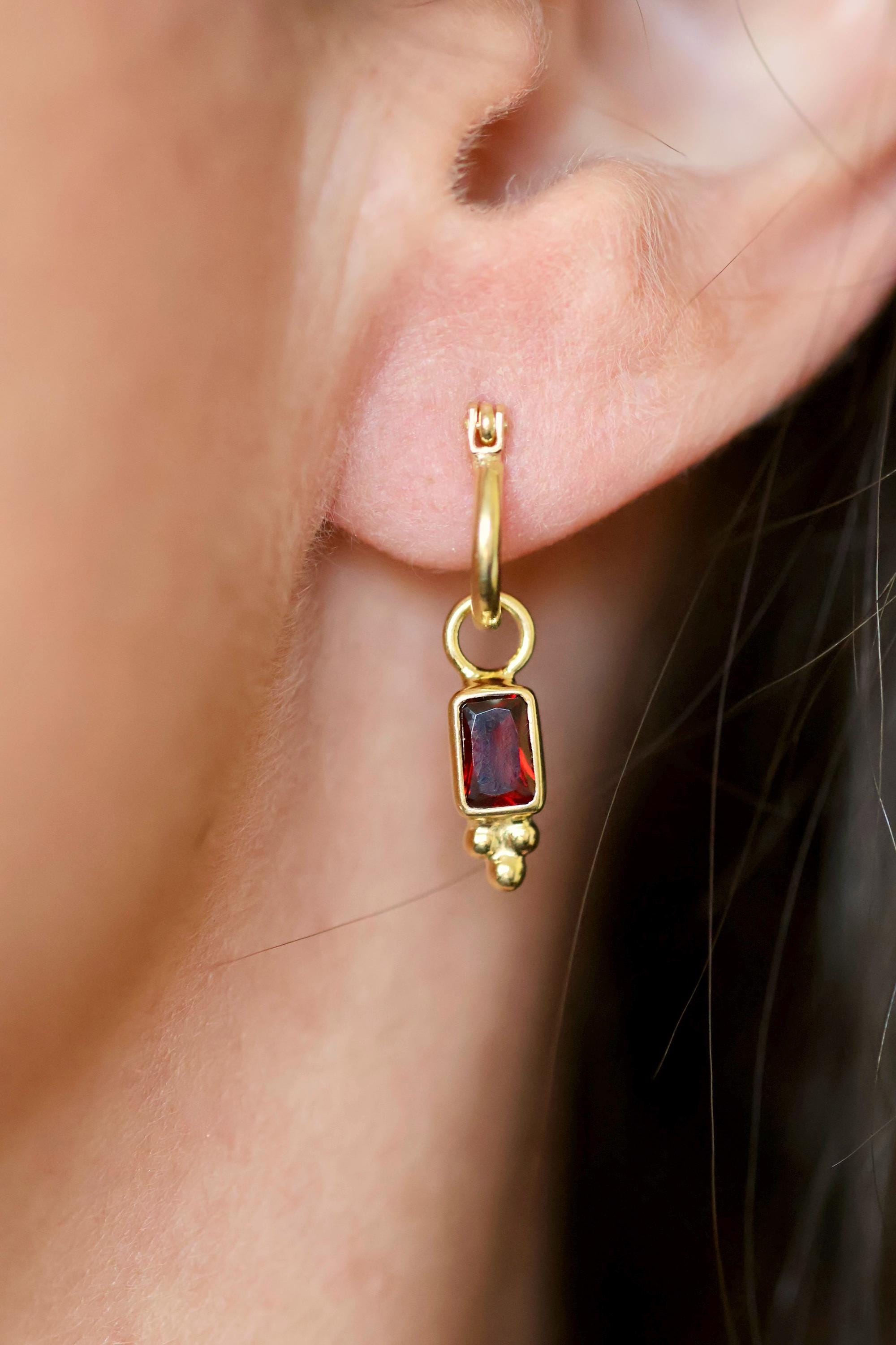 Gold Garnet Earrings Square Red Stone Chain Studs Occasion Jewelry Boho ...