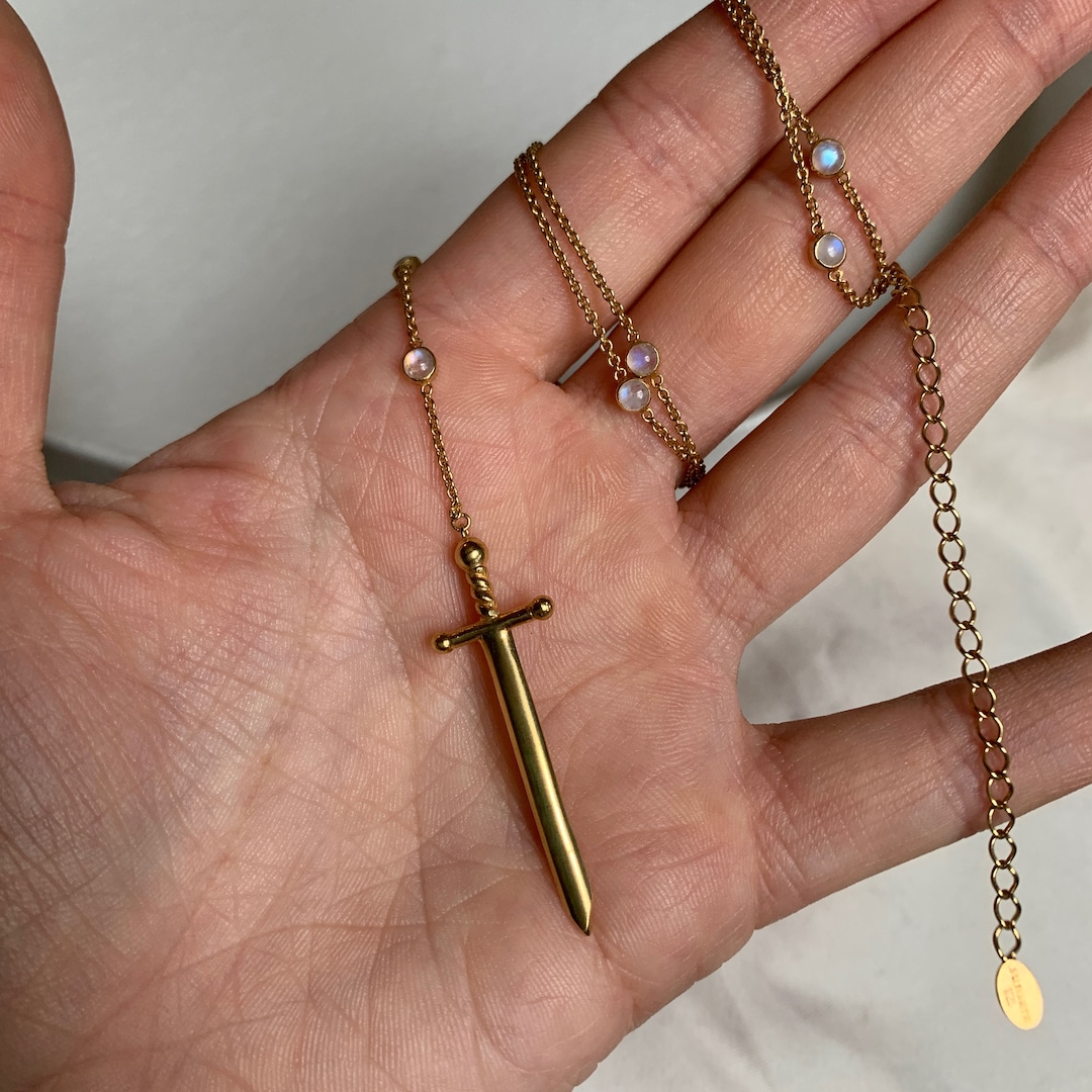 Ace of Swords 14K Gold and Rainbow Moonstone Necklace Sword Necklace ...