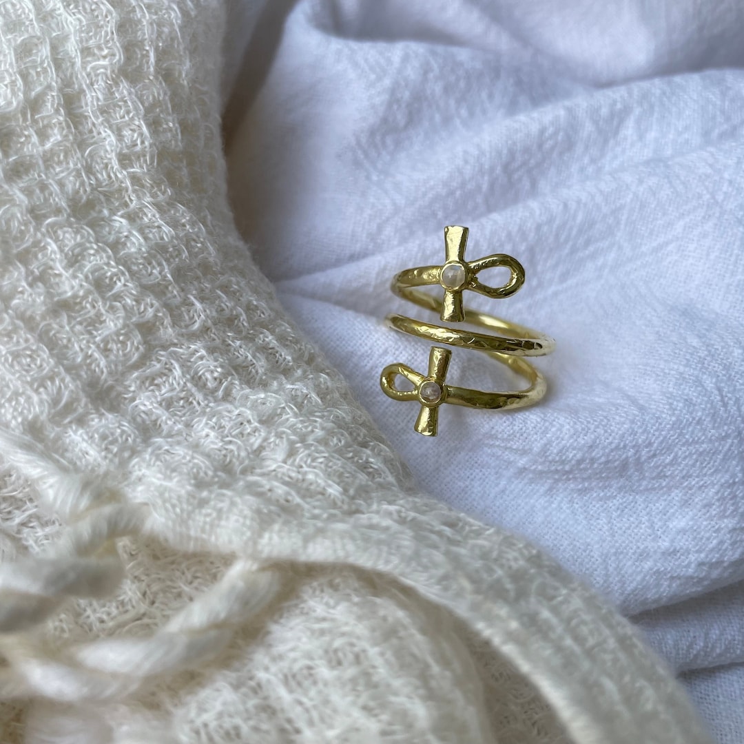 Ankh 14K Gold Plated Sterling Silver Rainbow Moonstone Ring, Moon Stone ...
