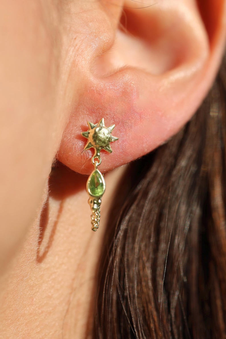 Sun Studs Gold Front to Back Chain Studs Green Peridot Delicate Boho ...