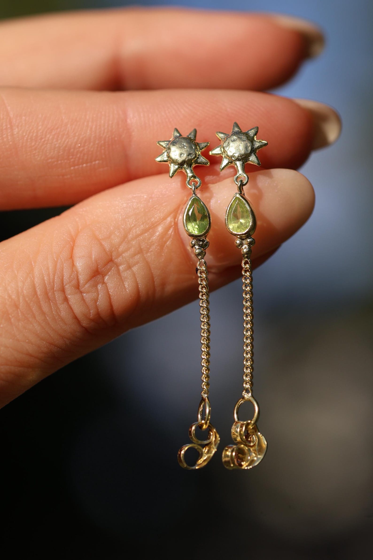 Sun Studs Gold Front to Back Chain Studs Green Peridot Delicate Boho ...