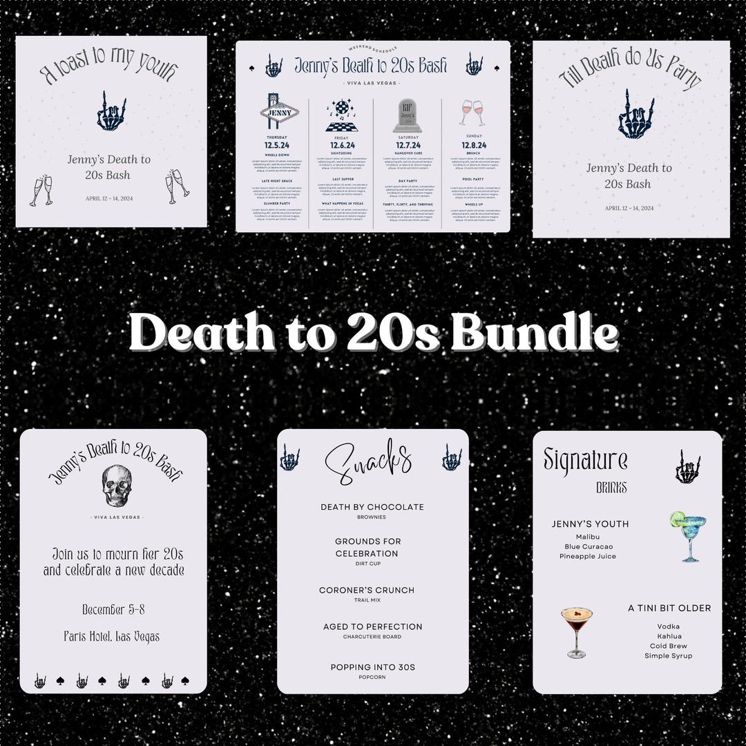 Death to 20s Birthday Party Bundle | Invitation, Itinerary, Drink Sign ...