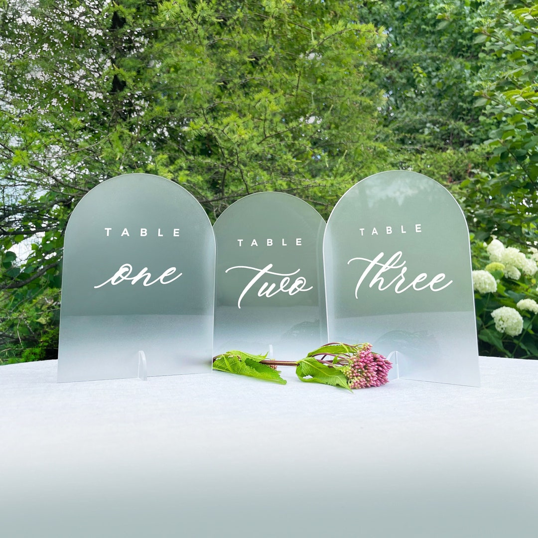 Arched Wedding Table Number Signs on Frosted Acrylic, Minimal Cursive ...