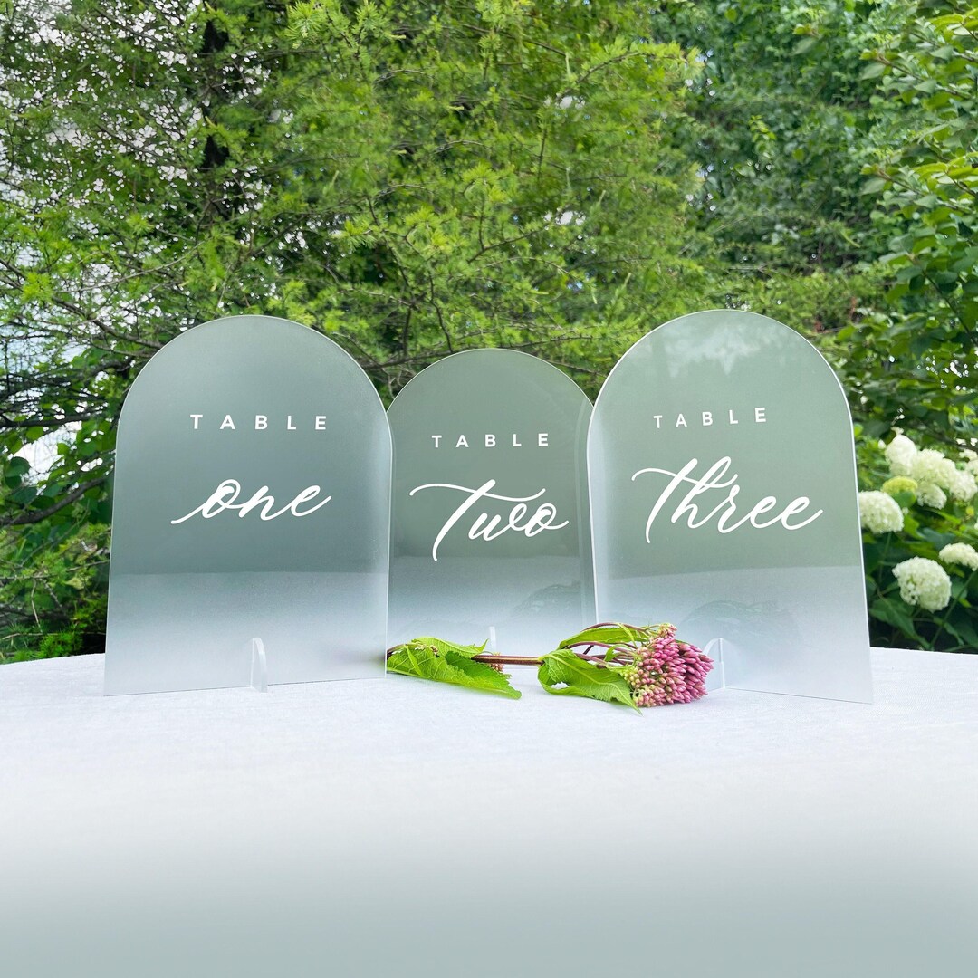 Arched Wedding Table Number Signs on Frosted Acrylic, Minimal Cursive ...