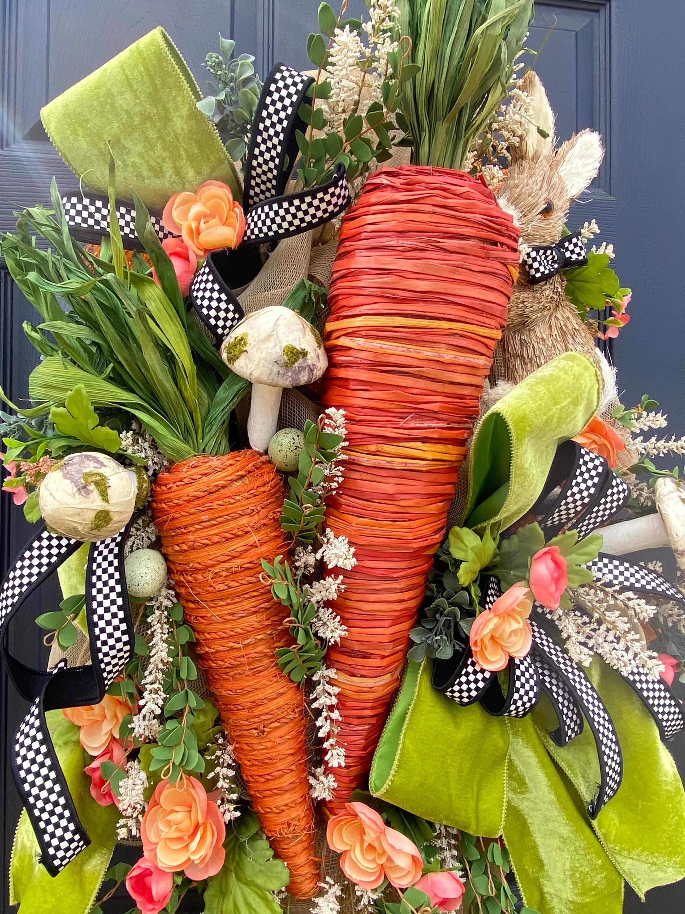 Easter Bunny Carrot Patch Wreath, Spring Front Door Decor With Velvet ...