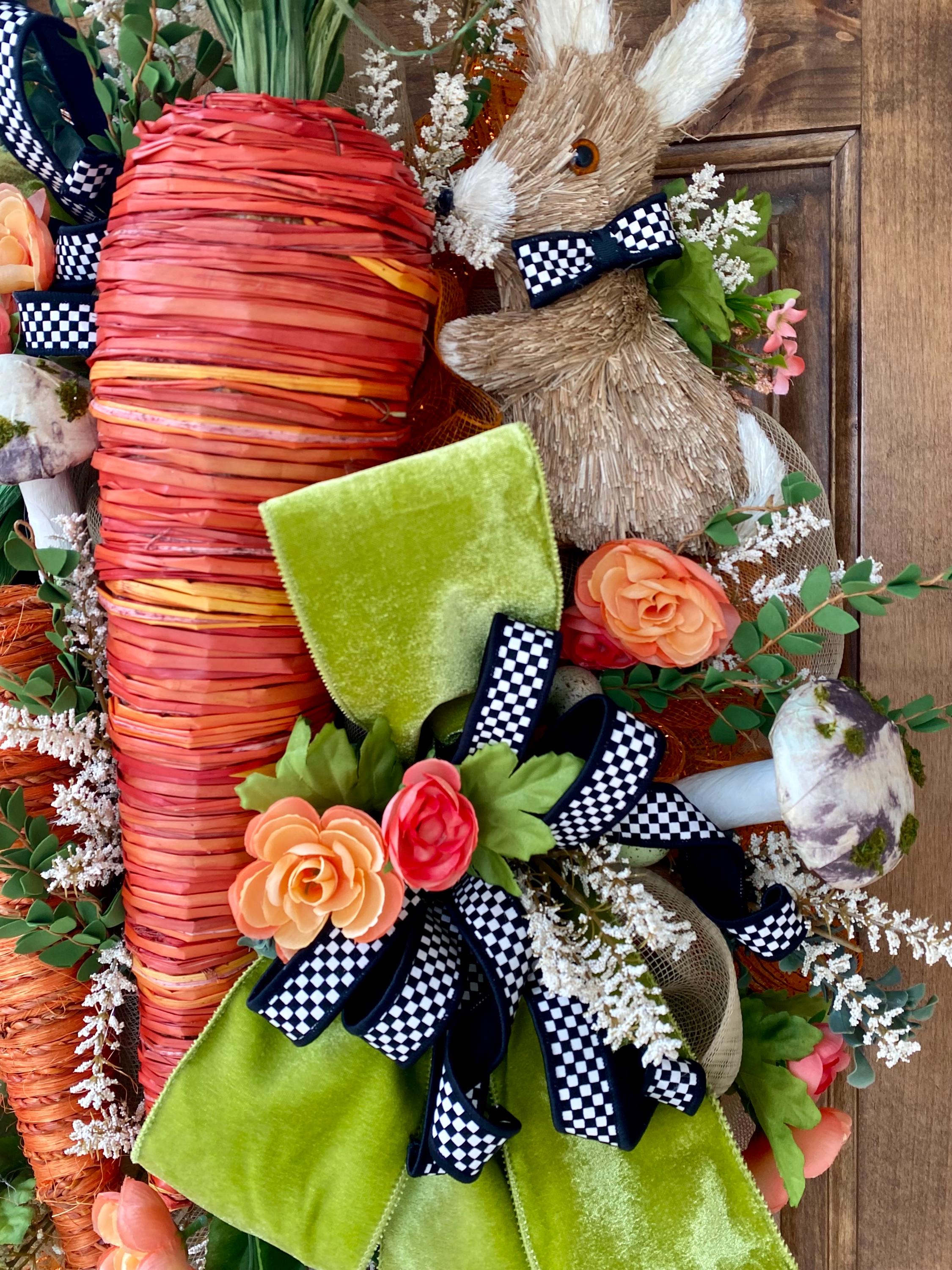 Easter Bunny Carrot Patch Wreath, Spring Front Door Decor With Velvet ...