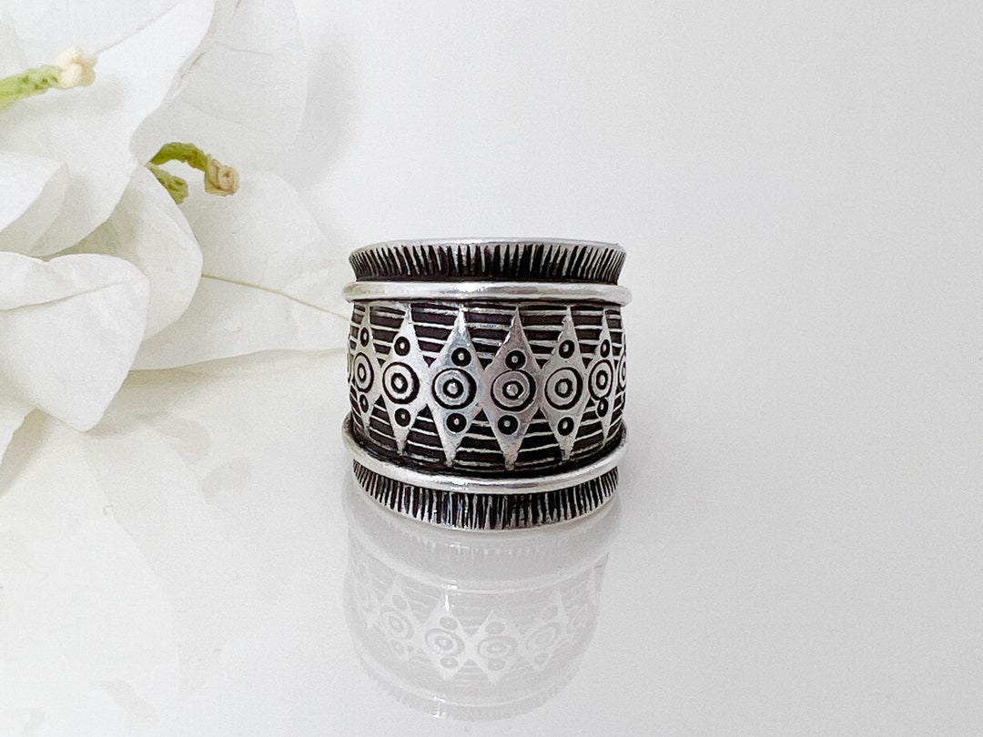 Traditional Boho Ring, Tribal Pattern Ring, Ethno Style Ring, Middle Finger Ring, Heavy Silver ...