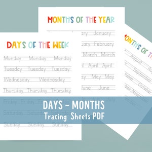Days of the Week Tracing Sheets, Months Tracing Worksheets , Printable ...