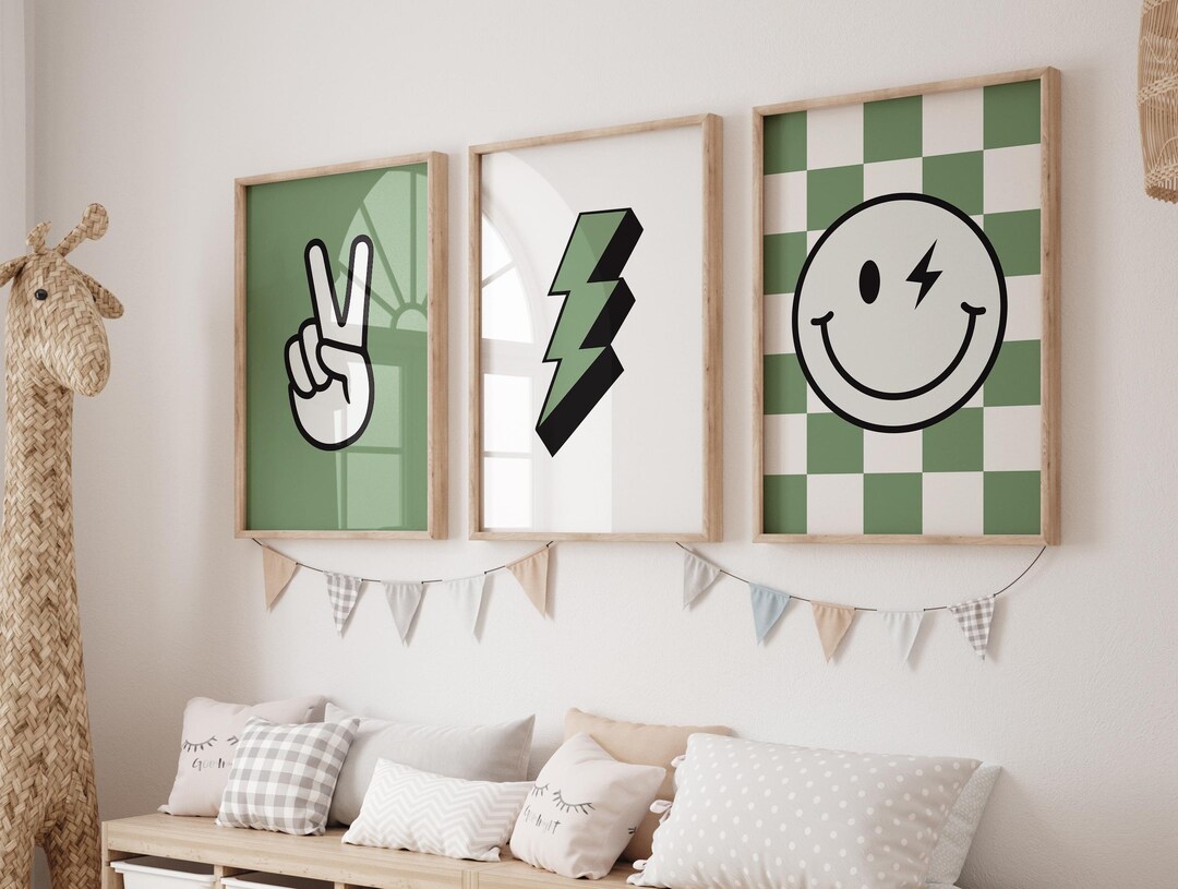 Modern Green Checkered Kids Poster: Smiley Face Nursery Art (digital ...