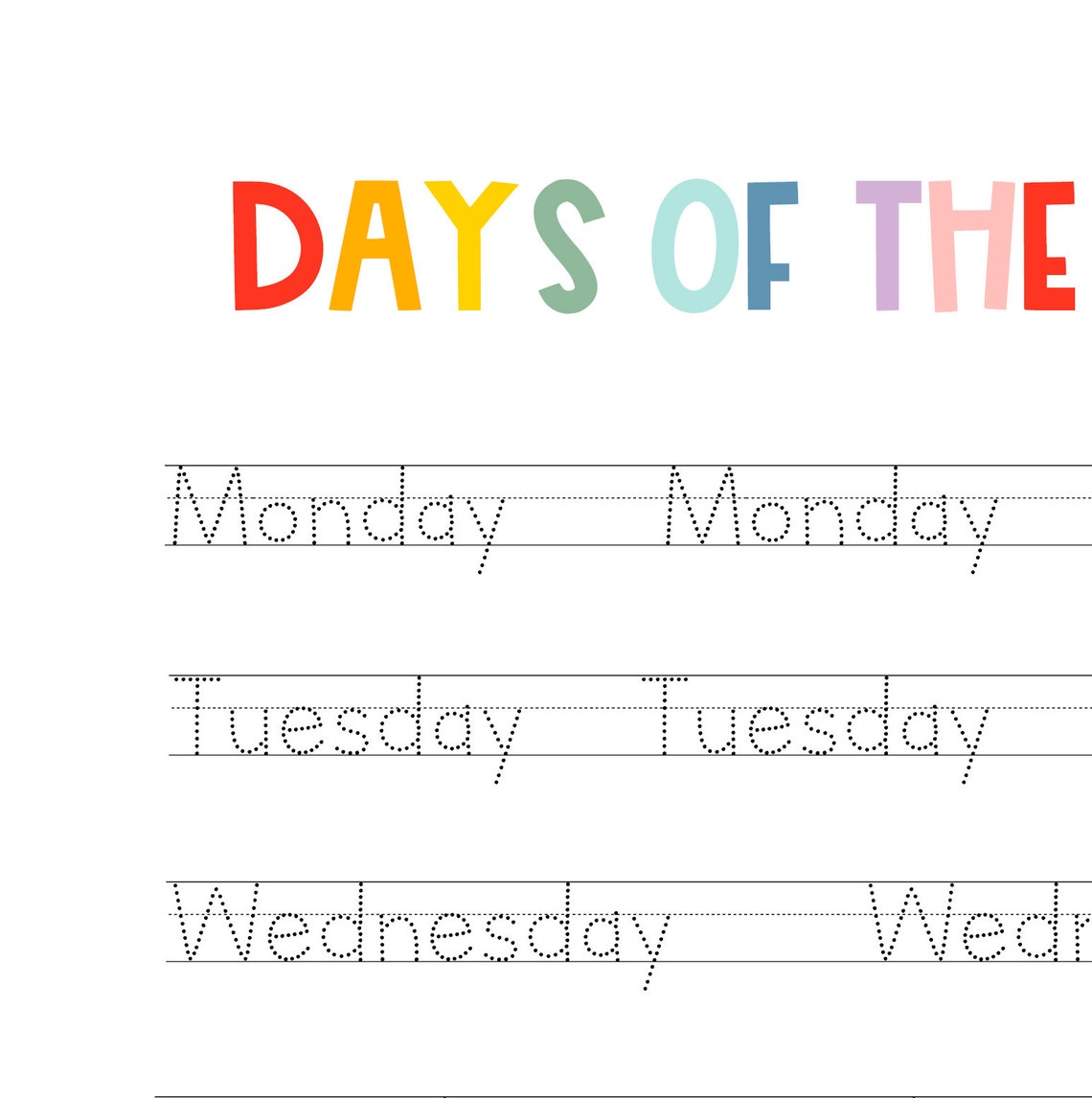 Days of the Week Tracing Sheets Months Tracing Worksheets | Etsy