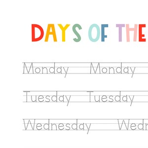 Days of the Week Tracing Sheets, Months Tracing Worksheets , Printable ...