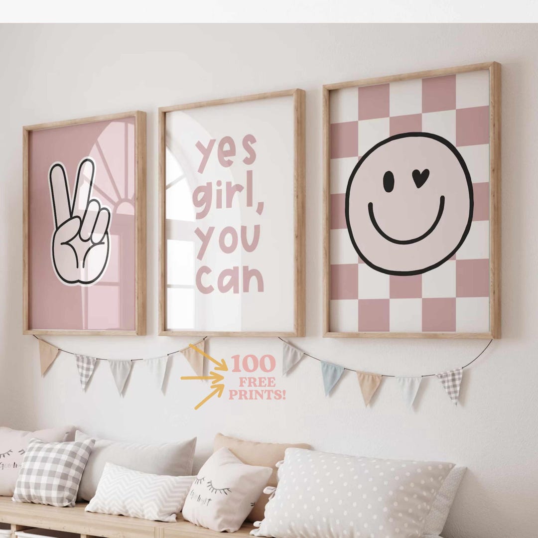 YES GIRL Smiley Face Art Print Set: Soft Pink Girls Room Decor (digital ...