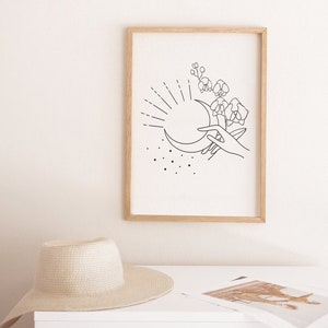 Line Drawing Print, Hands With Moon, Celestial Line Art, Line Hands ...