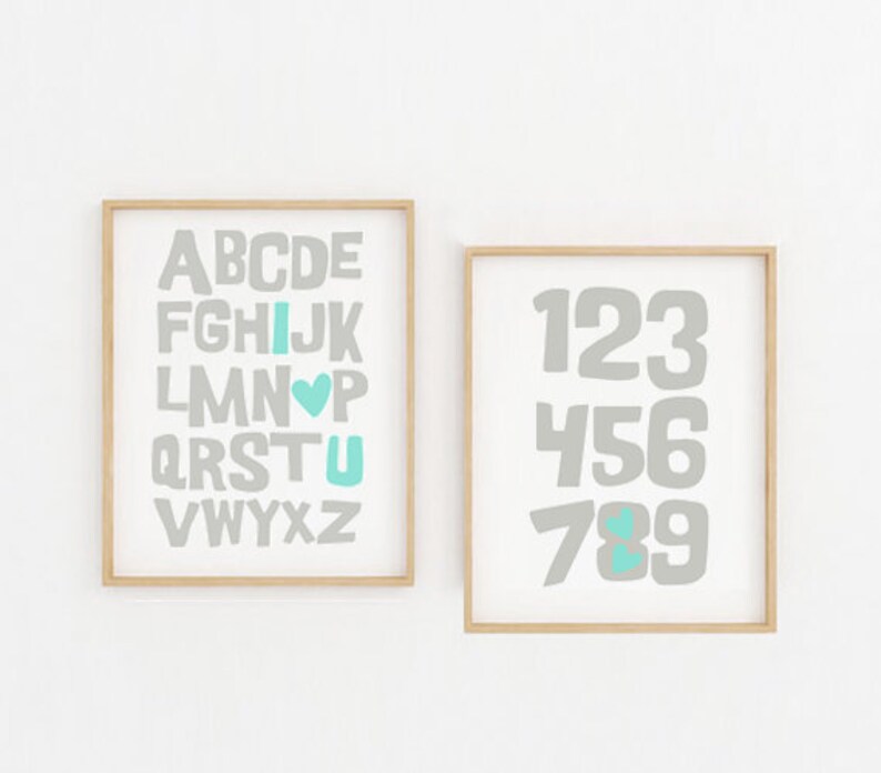 SET of 2, ABC Print Alphabet Mint Gray Numbers Nursery Decor I Love You ...
