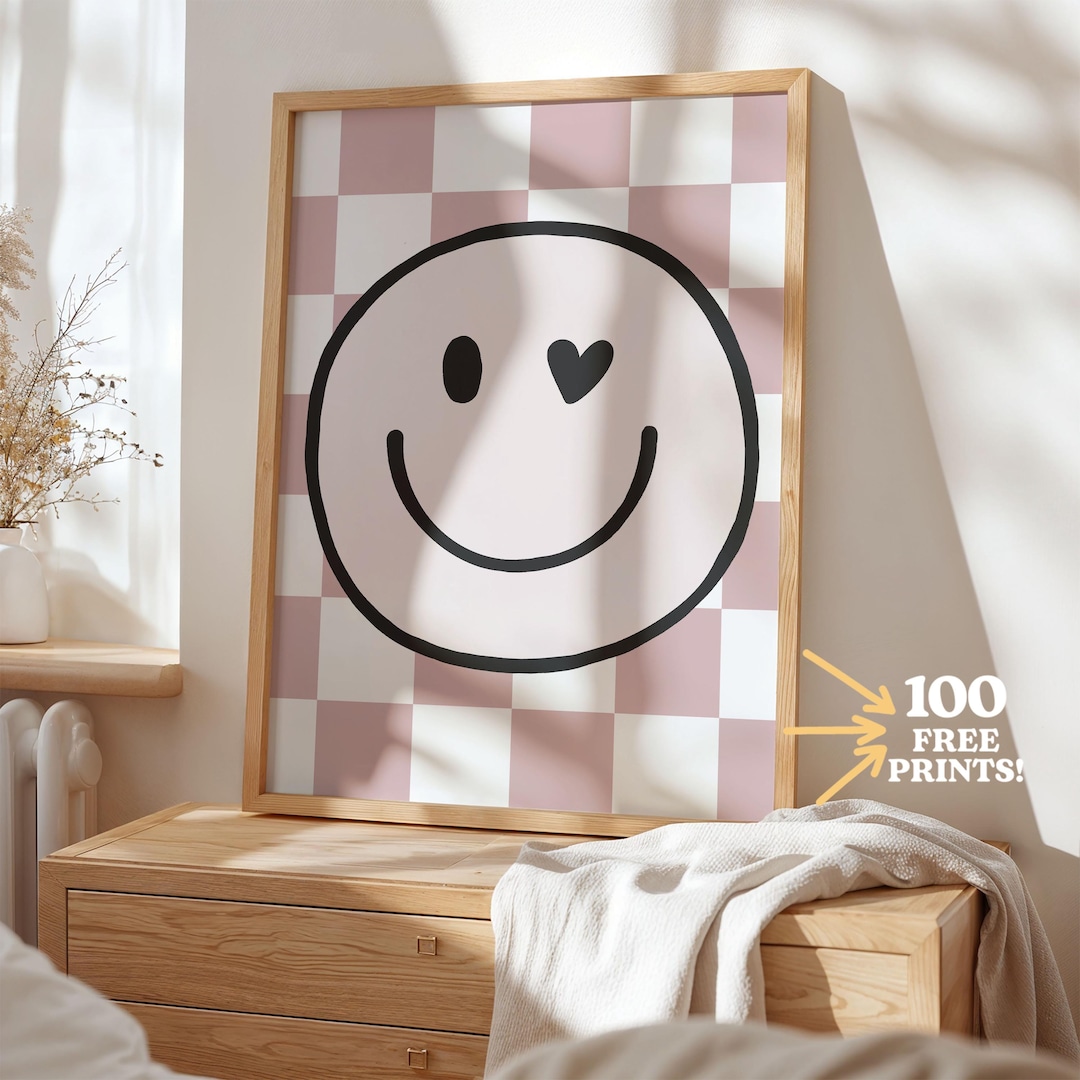 Smiley Face Pink Checkered Print: Retro Teen Girl Room Decor (digital ...