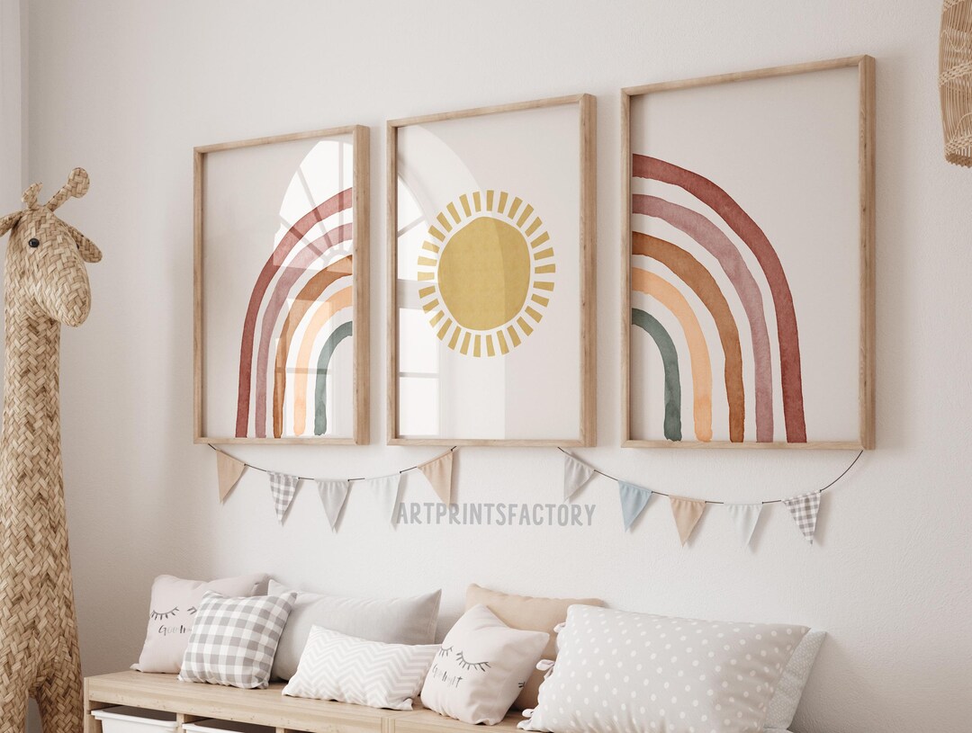 Boho Nursery Prints Set: Rainbow and Sun Wall Art (digital Download ...
