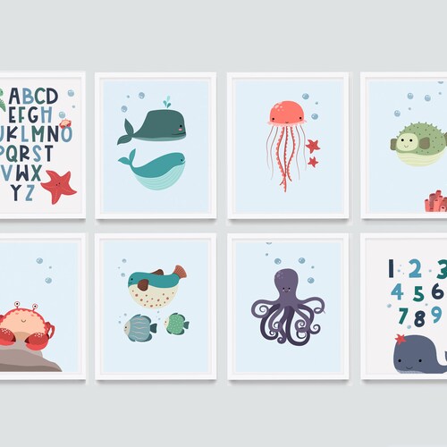 Set of Three Ocean Sea Alphabet and Numbers Wall Art - Etsy