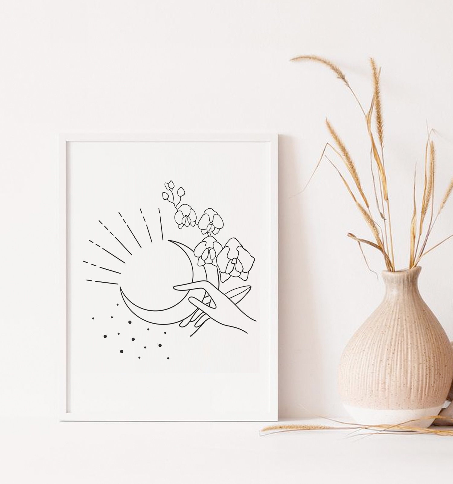 Line Drawing Print Hands With Moon Celestial Line Art Line - Etsy