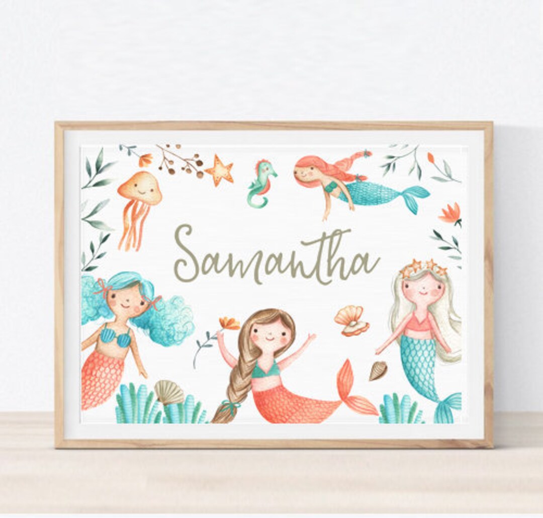 Mermaid Name Print, Girls Custom Nursery Prints, Mermaid Printable ...