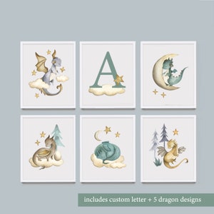 Dragon Nursery Print Set: Custom Initial, Mythical Baby Dragons ...