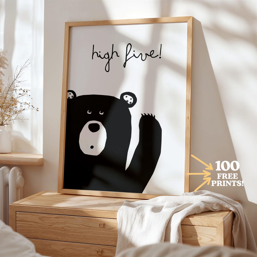 Bear High Five Nursery Print, Kids Wall Decor,monochrome Playroom Art ...