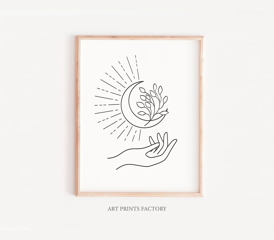 Hands With Moon Art Print, Line Art Woman Holding Moon,floral Hands ...