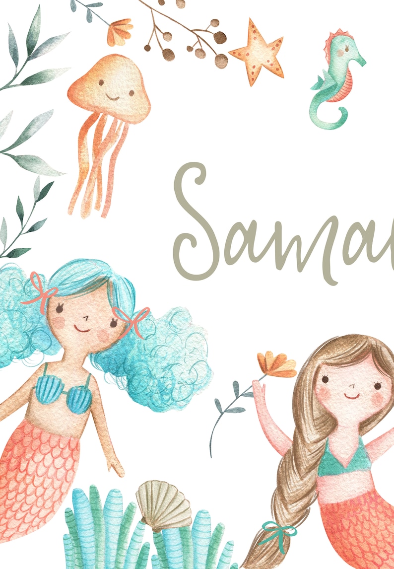 Mermaid Name Print Girls Custom Nursery Prints Mermaid - Etsy