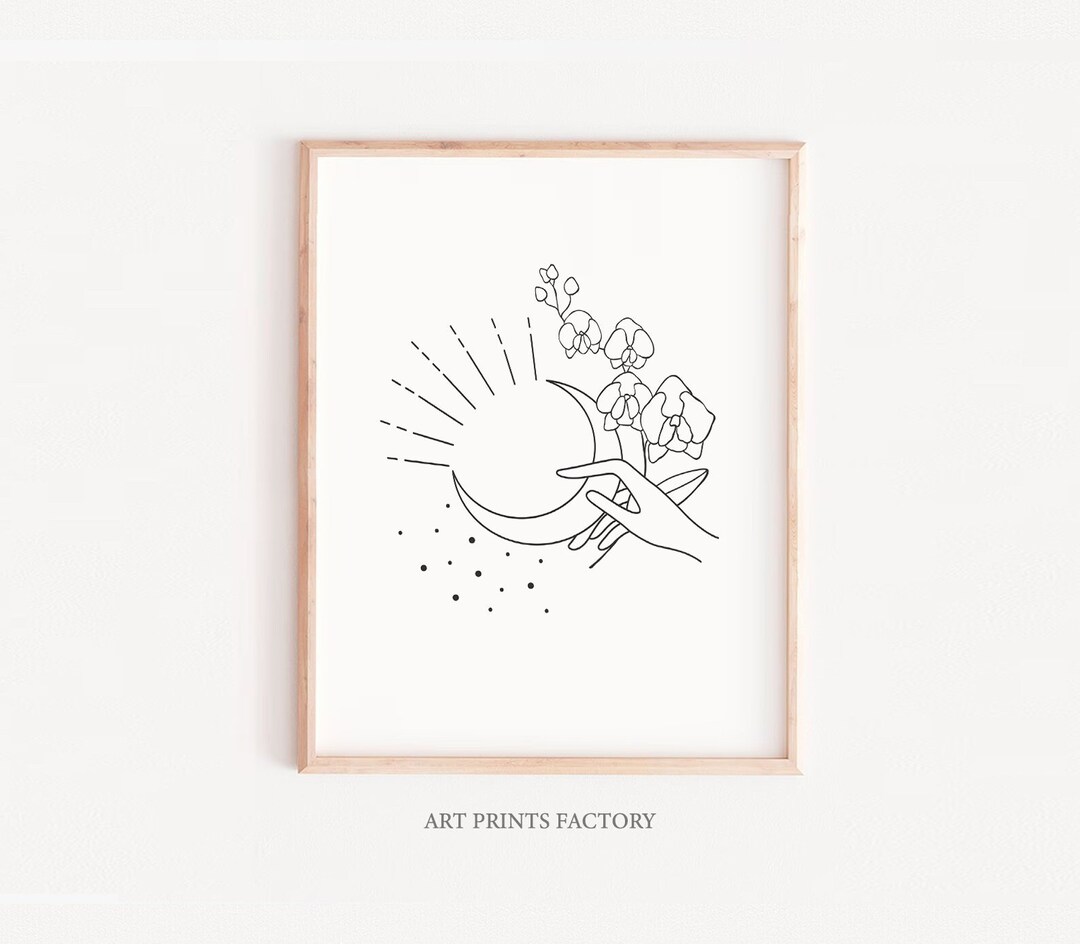 Line Drawing Print, Hands With Moon, Celestial Line Art, Line Hands ...