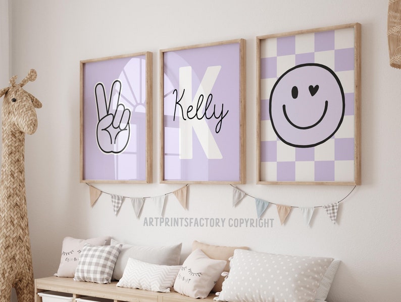 Personalized Purple Girl Print Set: Retro Checkered Playroom Decor ...