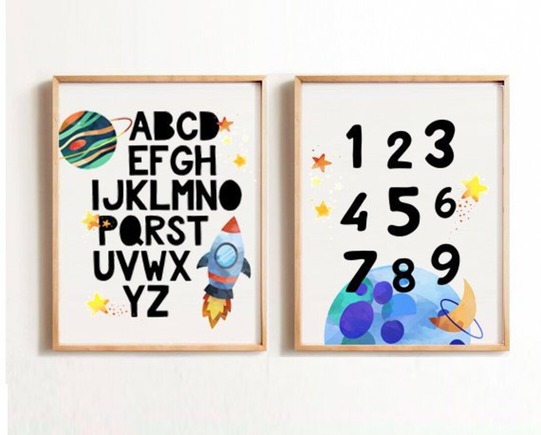 Set of 2 Space Wall Art, Kids Alphabet Print, Numbers Space Nursery ...