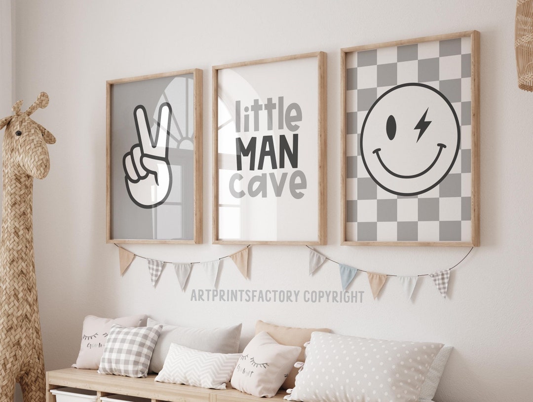 Little Man Cave Set, Boyhood Prints, Gray Nursery, Checkered Smiley ...