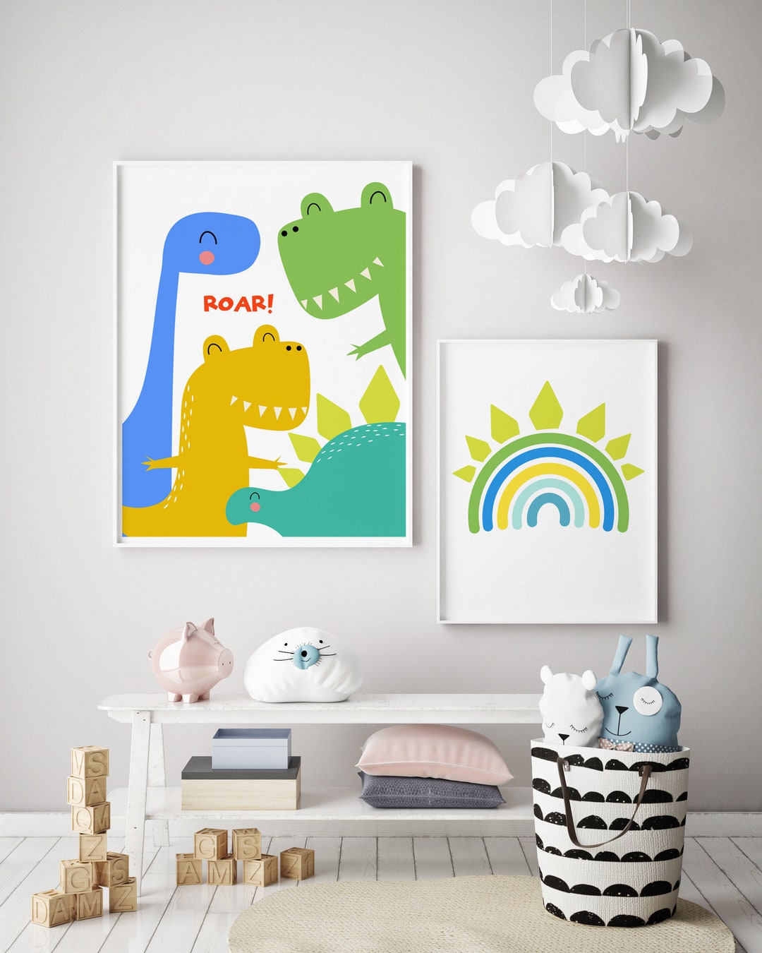 Nursery Wall Art Set, Rainbow Dinosaur, Kids Room Poster, Scandi Kids ...