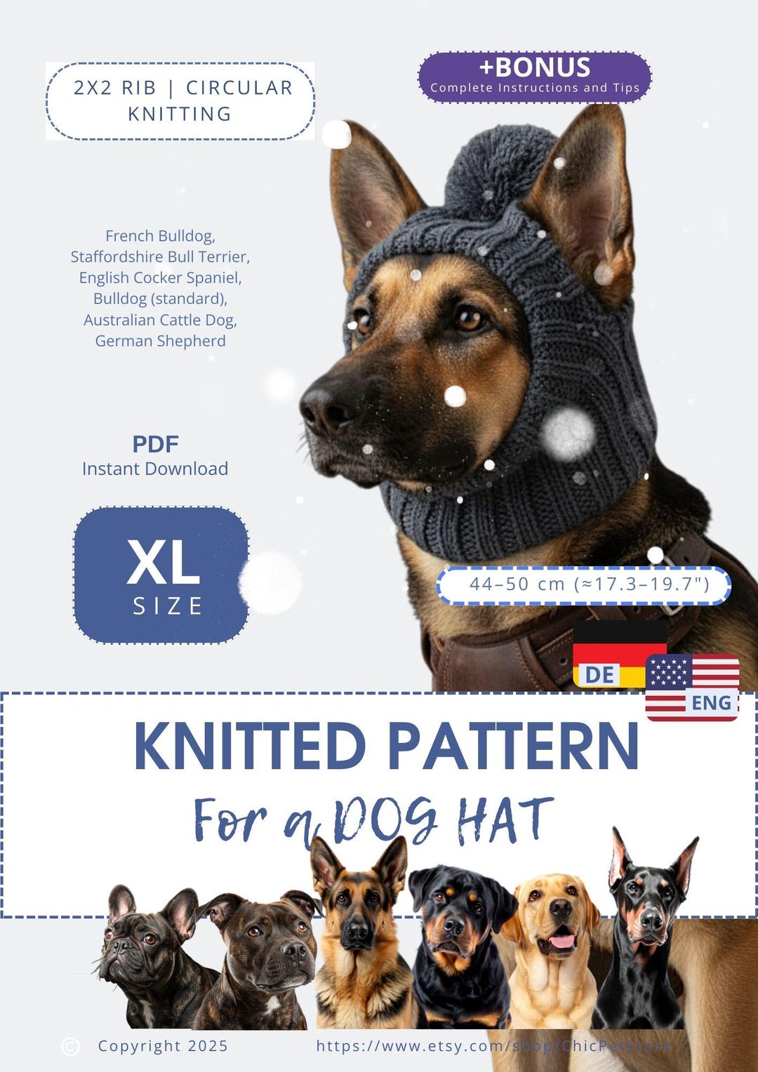 Dog Hat Knitting Pattern XL Size | French Bulldog Staffordshire Terrier ...