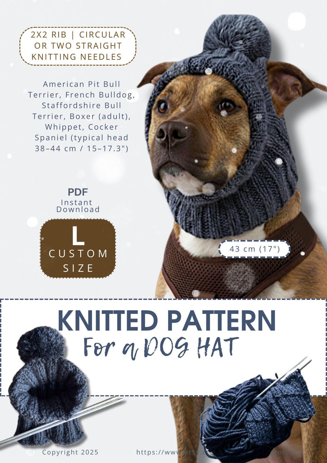 Dog Earflap Hat Knitting Pattern PDF - 2x2 Rib, Custom Size L 43 Cm ...